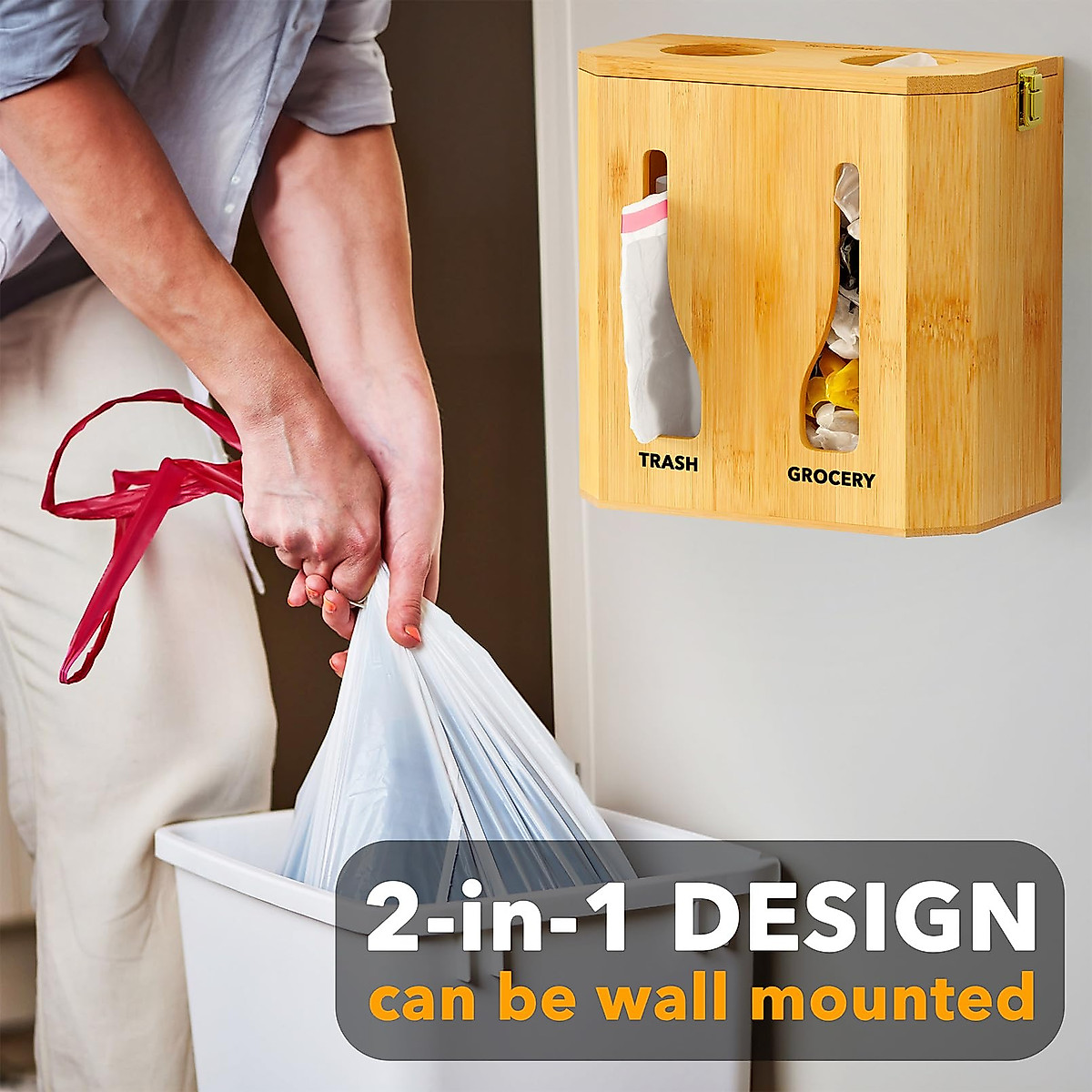 SpaceAid Grocery Bag Holder & Trash Bag Dispenser, Bamboo 2 in 1 Garbage Bag Roll Holders Organizer for Plastic Bags, Under Sink Organizers and Storage for Kitchen Organization (Bamboo)