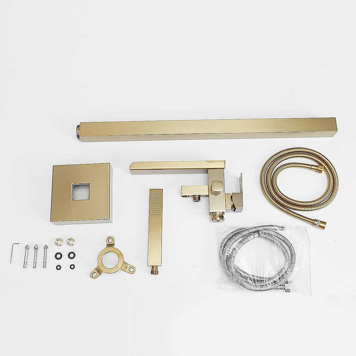 Freestanding Bathtub Faucet Brushed Gold Waterfall Bathtub Faucet Floor Mount Tub Filler Single Handle Bathtub Shower Faucets with Hand Shower Swivel Spout Brass Mixer Tap by BWE