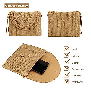 Straw Shoulder Bag for Women Hand-woven Woven Purse Crossbody Summer Beach Envelope Clutch Purse Wallet (Raffia fringed khaki)