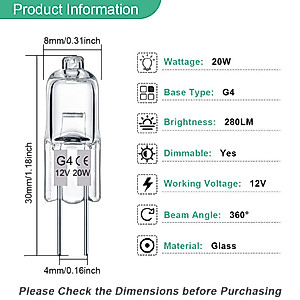 TAIYALOO G4 Bulb 12 Pack Crystal Clear Halogen Light Bulb 2 Pin 12V 20W JC T3 Bi-Pin G4 Base Dimmable 2700K Warm White 2 Prong Light Bulb for Under Cabinet Puck Light, Chandeliers, Landscape Lighting