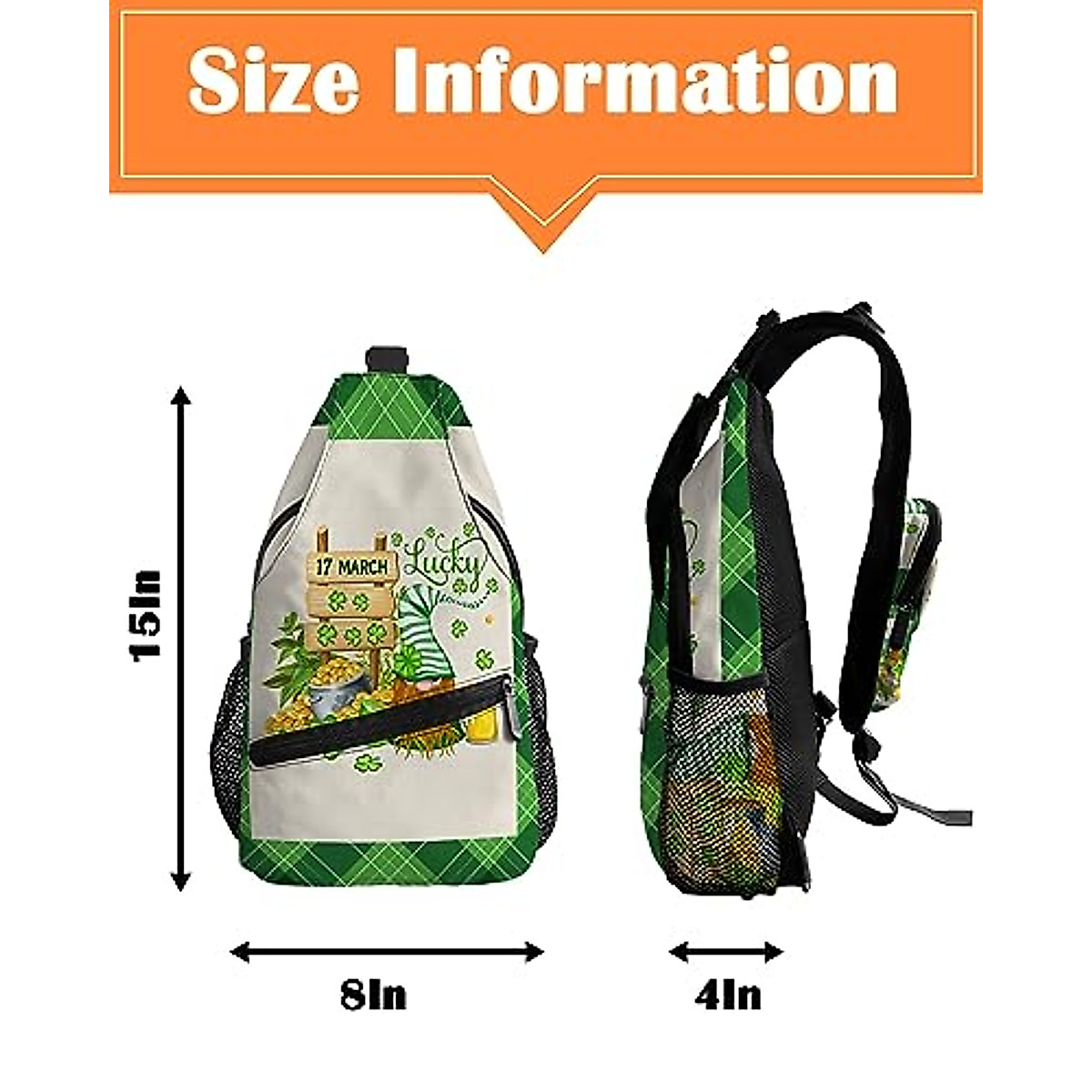 Sling Backpack, St.Patrick's Day Shamrocks Gnome Buffalo Plaid Green Waterproof Lightweight Small Sling Bag, Travel Chest Bag Crossbody Shoulder Bag Hiking Daypack for Women Men