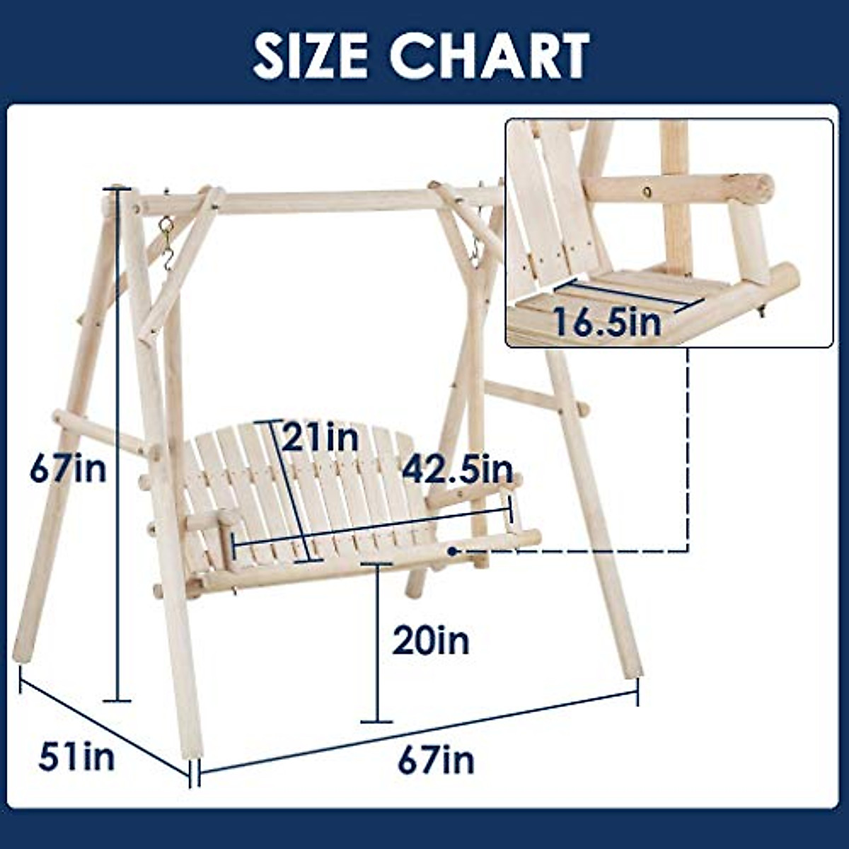 Wooden Porch Swing with Stand, 2-Seat Porch Swings Outdoor Log Patio Swing Chair, A-Frame Garden Swing Seat Outdoor Swing for Adults/Kids Patio Backyard Deck, Capacity 450 LBS, Natural Wood
