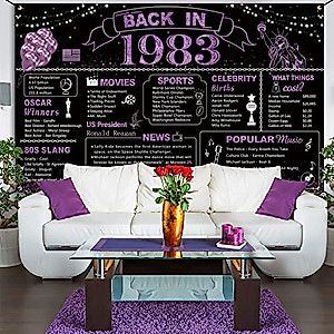 DARUNAXY Purple 40th Birthday Party Decorations, Back in 1983 Banner Cheer to 40 Years Old Birthday Photography Background Vintage 1983 Poster Backdrop for Girls 40th Class Reunion Party Supplies