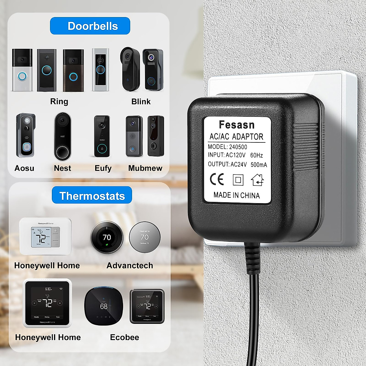 Fesasn C Wire Power Adapter, 24V Doorbell Power Transformer, for Ring Doorbell and Smart Thermostat for Nest Ecobee, Sensi and Honeywell (16.5 FT Black)