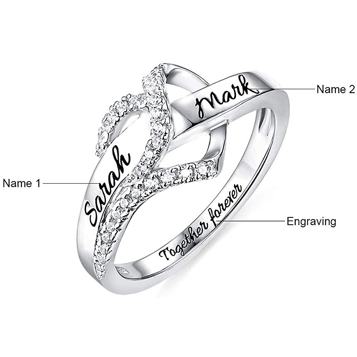 Getname Necklace Personalized Customized Heart Name Promise Ring 925 Sterling Silver Engraved Names Wedding Band Engagement Ring Personalized Gifts Ring for Women, Girlfriend, Mother.