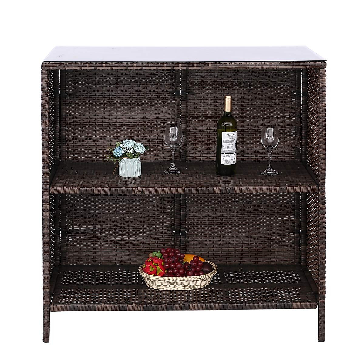 Polar Aurora 3PCS Patio Bar Set with Stools and Glass Top Table Patio Wicker Outdoor Furniture with Blue Removable Cushions for Backyards, Porches, Gardens or Poolside