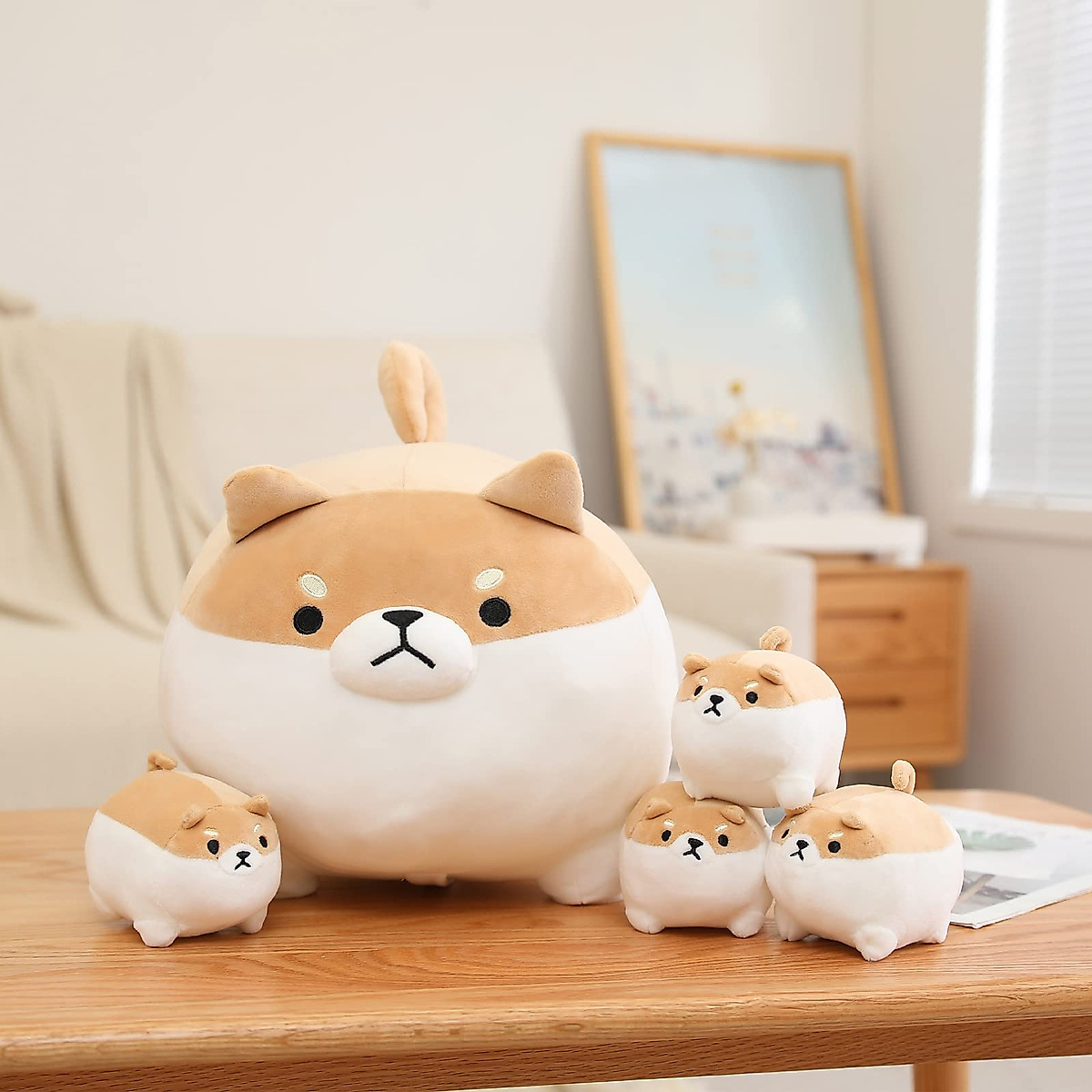 SQEQE Stuffed Animal Shiba Inu Plush Toy with 4 Baby Shiba Inu Plushies in her Tummy, Stuffed Cotton Plush Animal Toy Gift for Kids