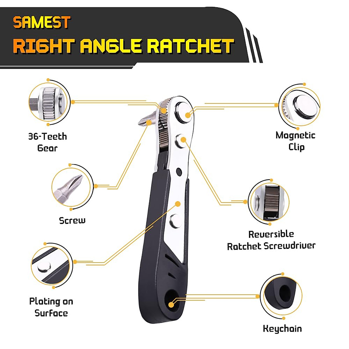 Samest 1/4” Mini Ratchet Set 12 Pieces Ratchet Screwdriver Set, 36-Tooth Reversible Premium Right Angle Ratchet, 90 Degree High Torque Mini Offset Reversible Drive Handle