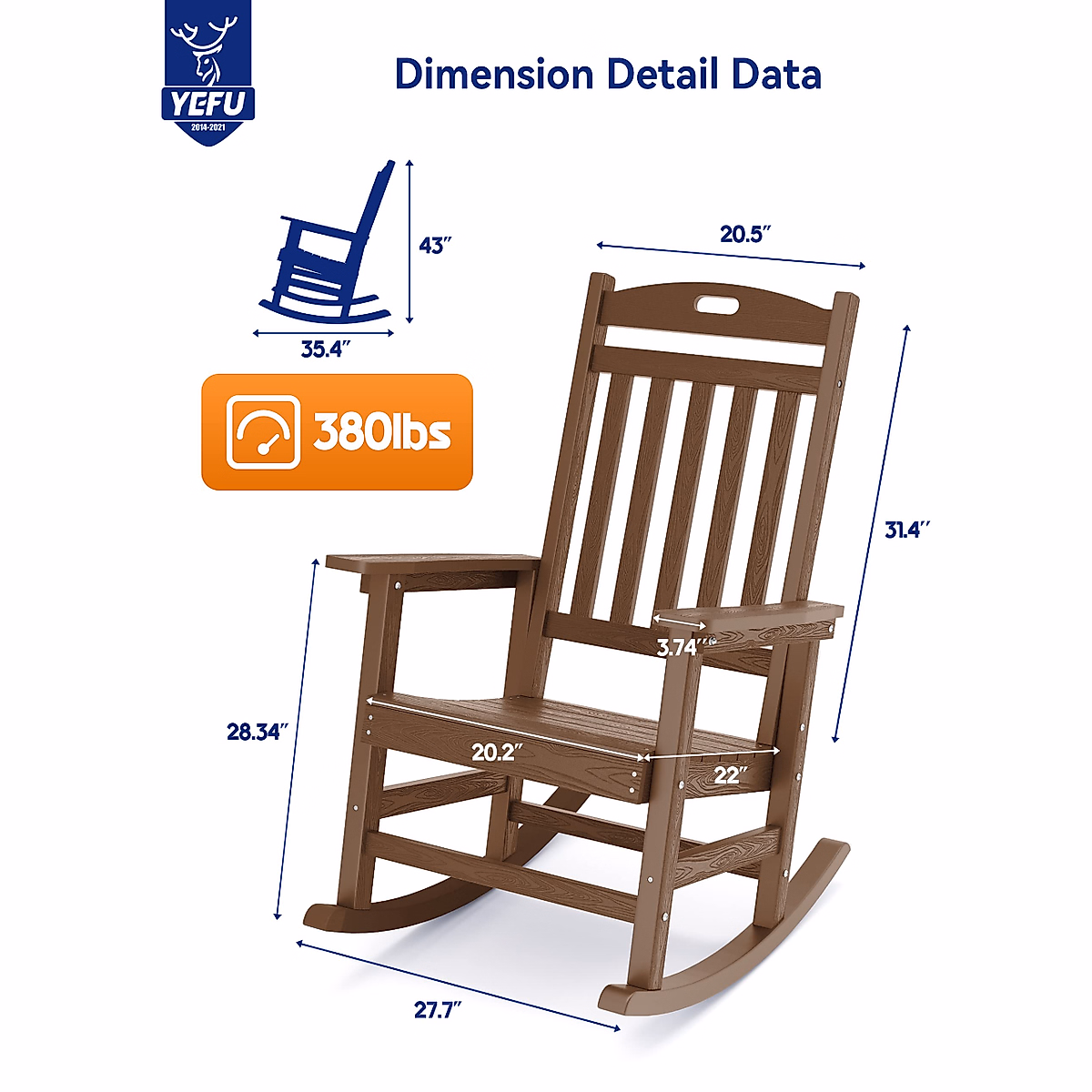 YEFU Outdoor Rocking Chair Oversized,Seat Depth 22",Backrest Height 31",Patio Poly Wide Rocker Chair with 380lbs Weight Capacity,Weather Resistant,for Lawn,Porch,Backyard,Indoor and Garden(Teak)