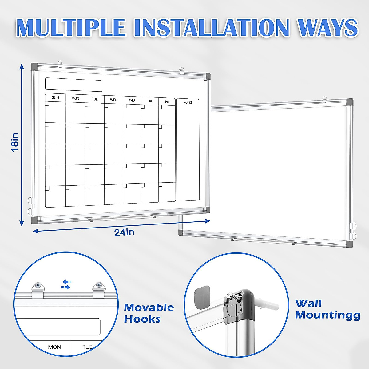 Monthly Calendar Dry Erase Whiteboard for Wall, 24" x 18" Magnetic Calendar White Board, Double-Sided Portable Board for Office, Kitchen, School, Home