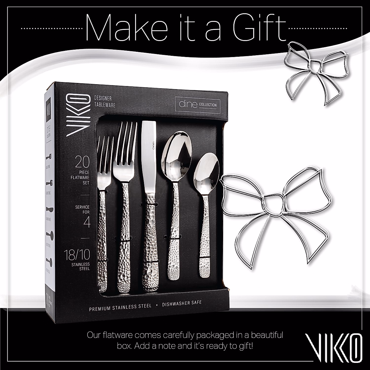 Vikko Silverware Set, Hammered Metal Set of Flatware, Service for 4 Strong and Durable 18/10 Stainless Steel Flatware Set, 20 Piece Set, Dishwasher Safe