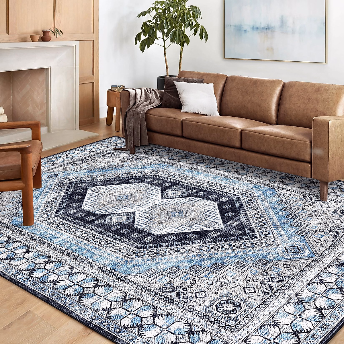 GarveeHome 8x10 Washable Area Rug Boho Living Room Rug Non-Slip Nursery Rug Low-Pile Retro Carpet Print Distressed Rug for for Laundry Dining Room Office, Blue/Grey