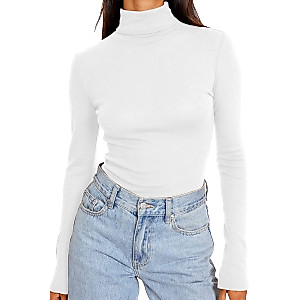 Trendy Queen Women's Long Sleeve Tops Mock Neck High Turtleneck Shirts Fall Fashion 2024 Stretch Tight Lightweight Basic Slim Fit Pullover Layering Soft Thermal Underwear Tops White