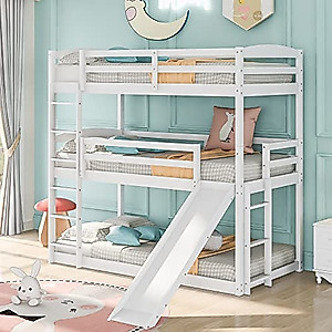 KoiHome Twin Over Twin Over Twin Adjustable Triple Bunk Bed with Slide & Two Ladders, Full-Length Guardrail & Solid Slat Support, Space-Saving for Kids Teens Bedroom, No Box Spring Needed, White
