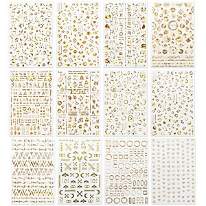 TailaiMei 12 Sheets Gold Moon Star Nail Stickers, 3D Metallic Laser Self-Adhesive Nail Art Decals for Women Manicure DIY or Nail Salon(1000Pcs)