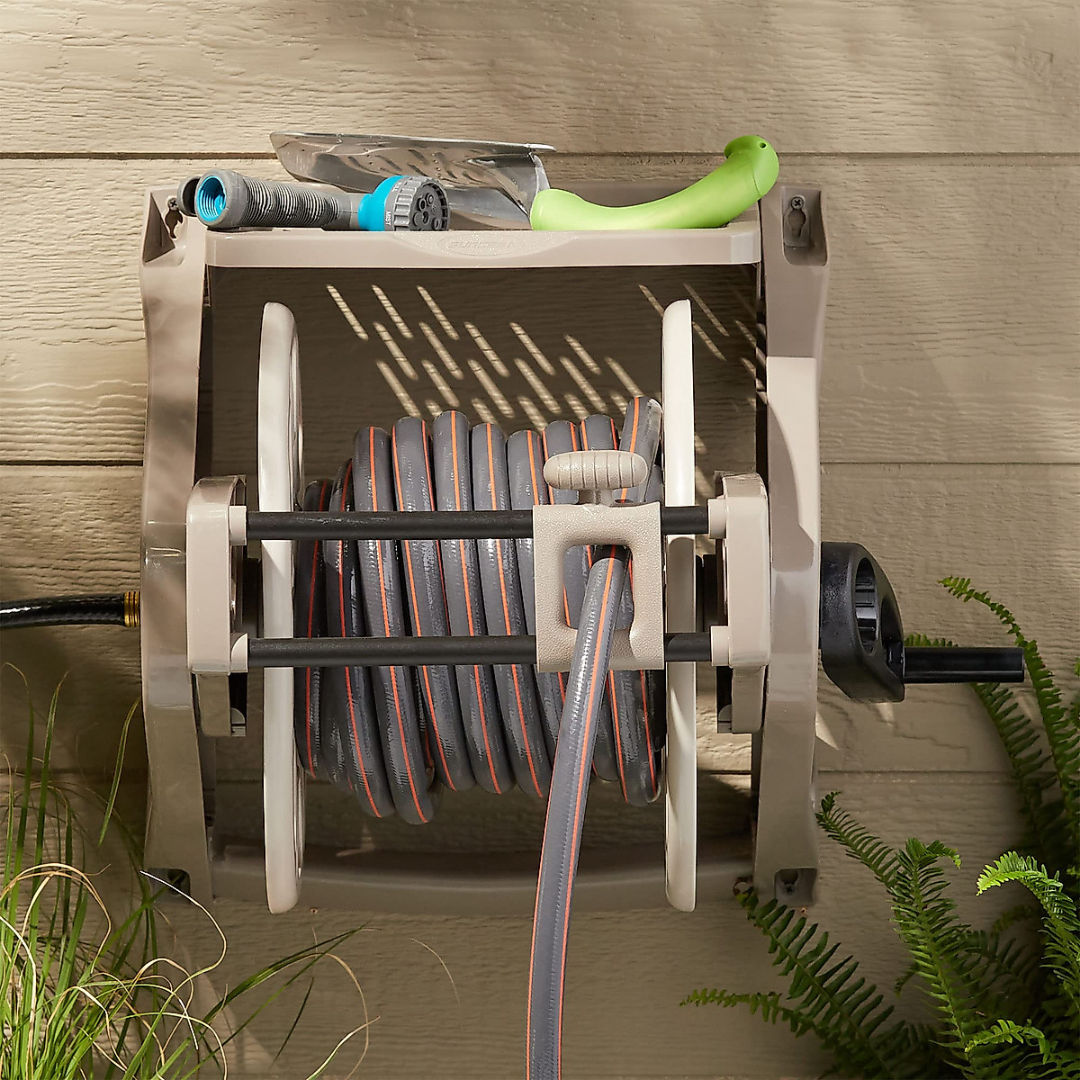 Suncast Wall-Mount Garden Hose Reel, 175 ft. 5/8 in. Vinyl Water Hose Holder, Light Taupe