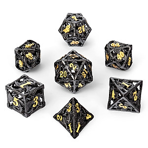 Dragon Hollow Metal DND Dice Set, DNDND 7 D&D Die Set with Metal Gift Tin for Dungeons & Dragon Game (Black with Gold Number)