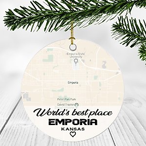 World's Best Place Emporia Kansas Ornament New Home with Map City Emporia KS - Housewarming Gift for Friend, World's Best Emporia Ornament 3 Inch Plastic Circle