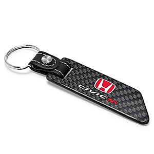iPick Image for - Honda Civic Si Red Logo Real Carbon Fiber Blade Style with Black Leather Strap Key Chain