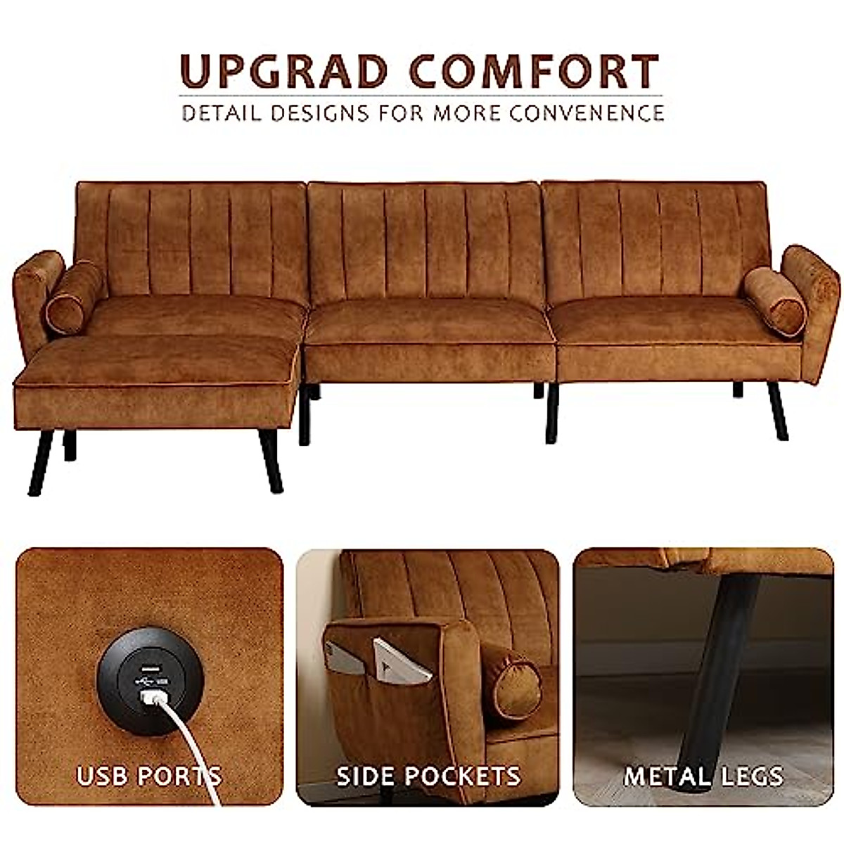 DURASPACE Velvet Sectional Convertible Sofa with Chaise, 107" L Shape Sectional Sofa Couch with USB, Split Back Folding Futon Couch for Living Room (Caramel Brown)