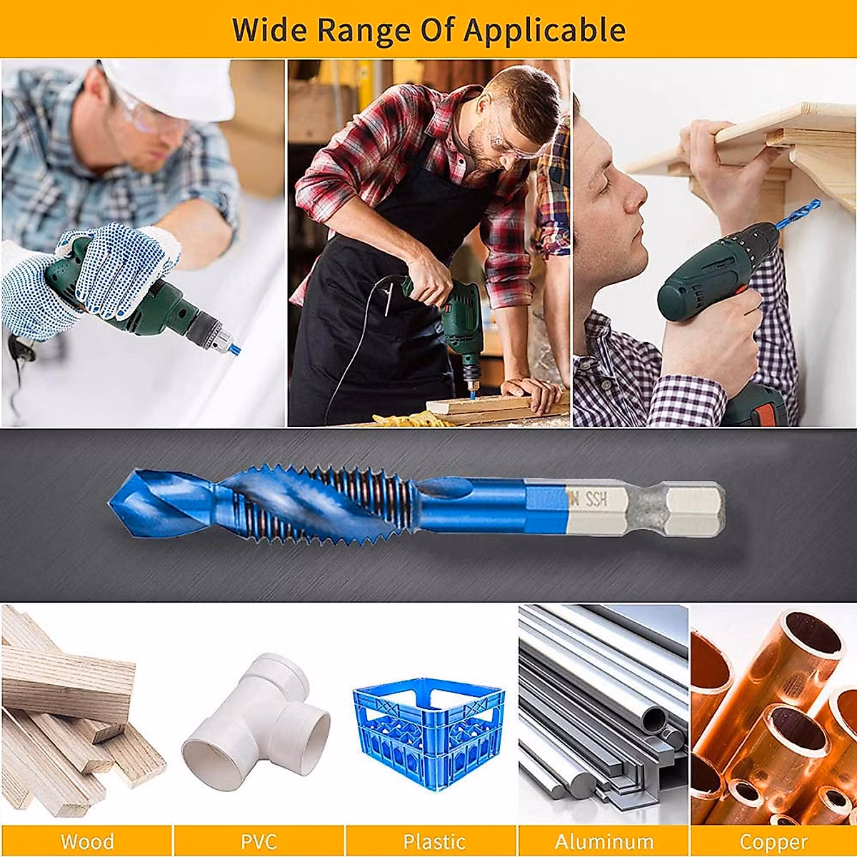 6 Packs Combination Drill & Taps Bit Set, Screw Tapping in 6 Sizes Metric Thread M3 M4 M5 M6 M8 M10 with Nano Blue Coating， Hex Shank