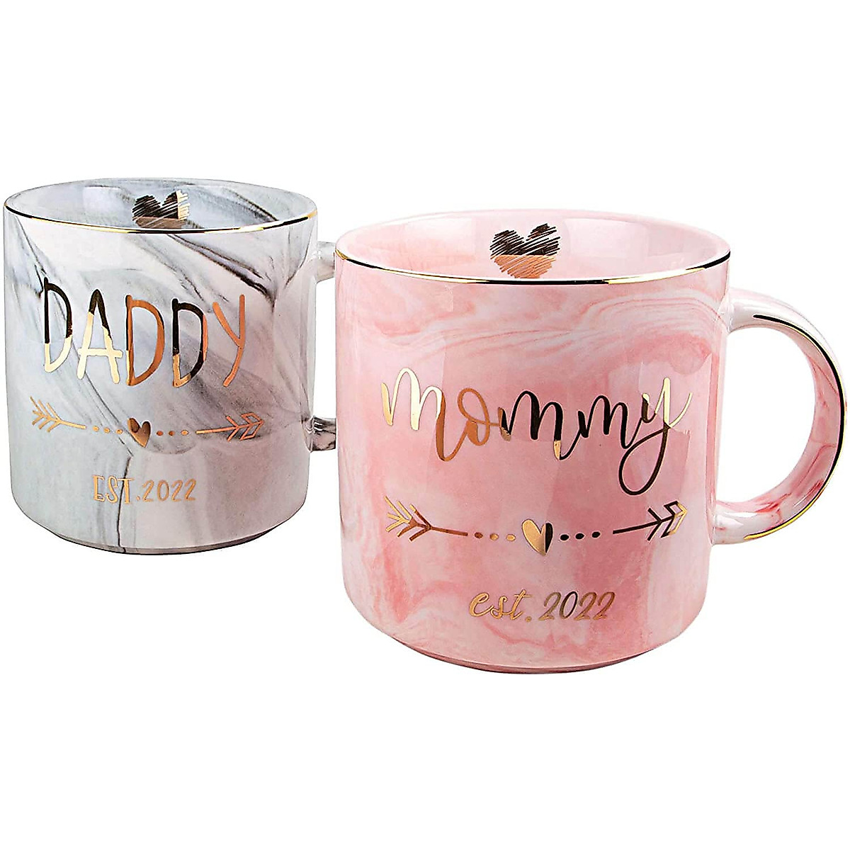 VILIGHT Gifts for New Mom and Dad First Time Parents est 2022- Mommy and Daddy Est 2022 Mugs Set - Marble Ceramic Cup 11.5 Oz