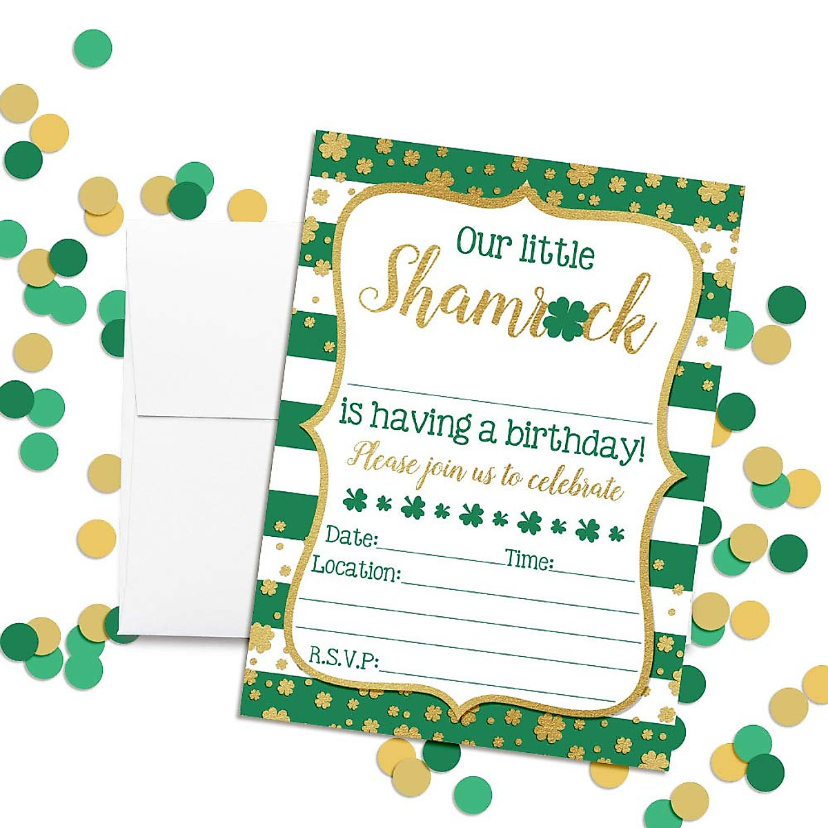 Our Little Shamrock St. Patrick’s Day Birthday Party Invitations, 20 5x7 Fill In Cards with Twenty White Envelopes by AmandaCreation