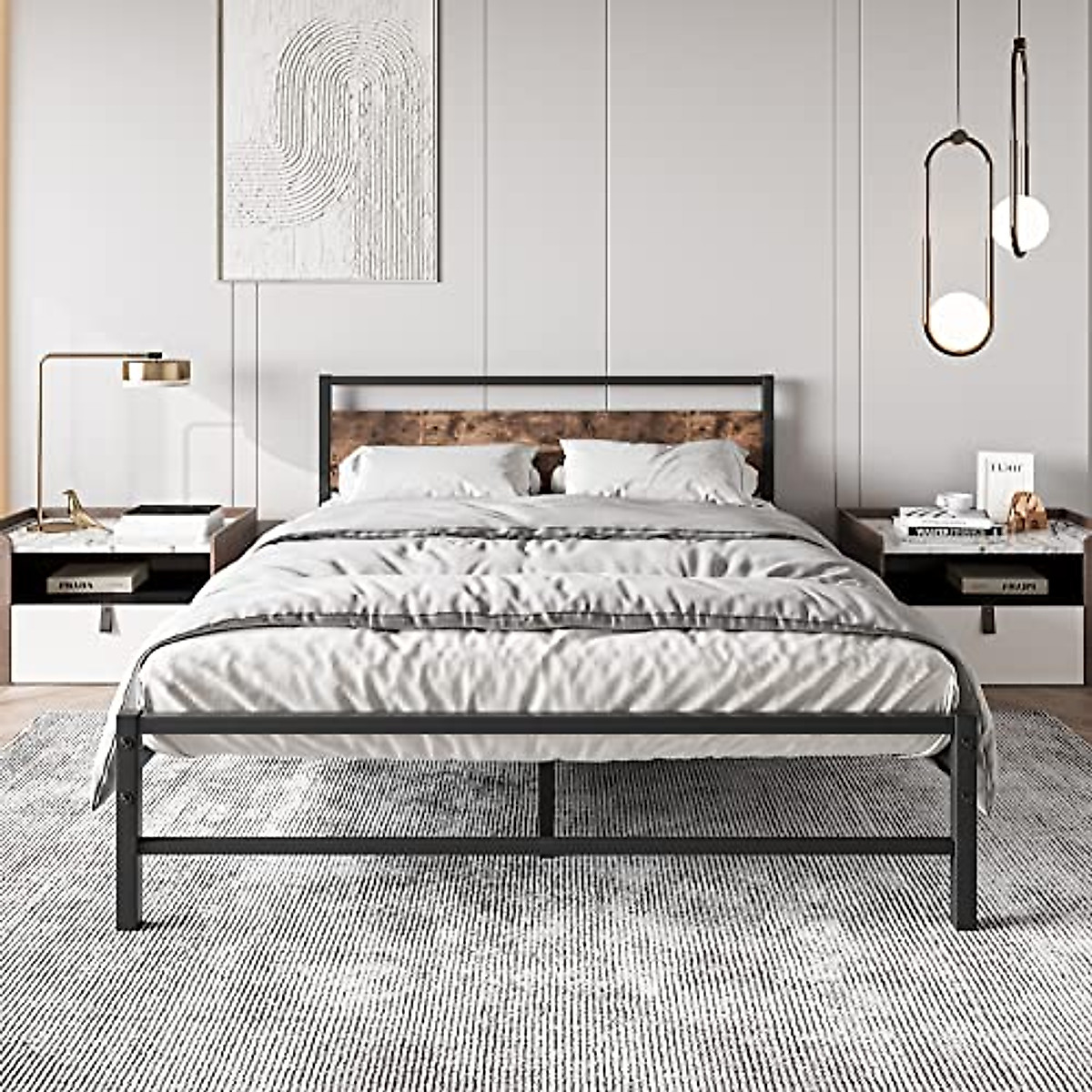 FOUBAM Queen Bed Frame with Wood Headboard,Heavy Duty Platform Bed Frames with Storage No Box Spring Needed,Reinforced Steel Square Pipe Mattress Foundation Noise Free,Black and Rustic Brown