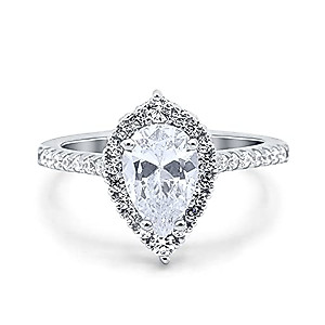 Blue Apple Co. Simulated Cubic Zirconia Size-5 Teardrop Pear Art Deco Engagement Wedding Bridal Ring Round CZ 925 Sterling Silver