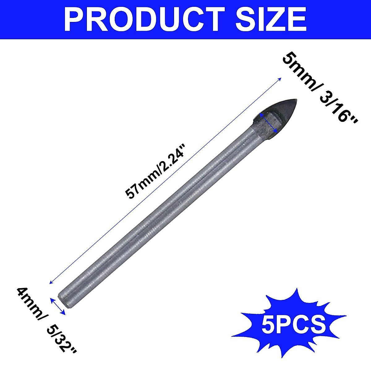 Sydien 5pcs Triangle Head Tile Drill Bit 3/16 Inch(5mm) Tip Diameter 64m Length 5/32" Shank Glass Tile Tip for Drilling Glass, Tile & Ceramic