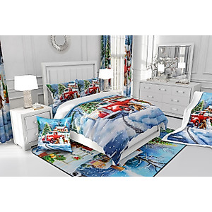 Red Truck Duvet Cover Queen Size,Snowman Dog Comforter Cover with 2 Pillowcase for Teens Adults,Kids Christmas Tree Bedding Set,Xmas Theme Breathable 3 Pcs Decorative Bed Cover(No Comforter)