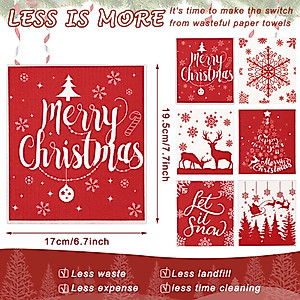 Whaline 6Pcs Christmas Swedish Dishcloths Red White Xmas Tree Snowflake Reindeer Kitchen Dish Towel Reusable for Christmas Winter New Year Baking Cooking, 6.7 x 7.7Inch