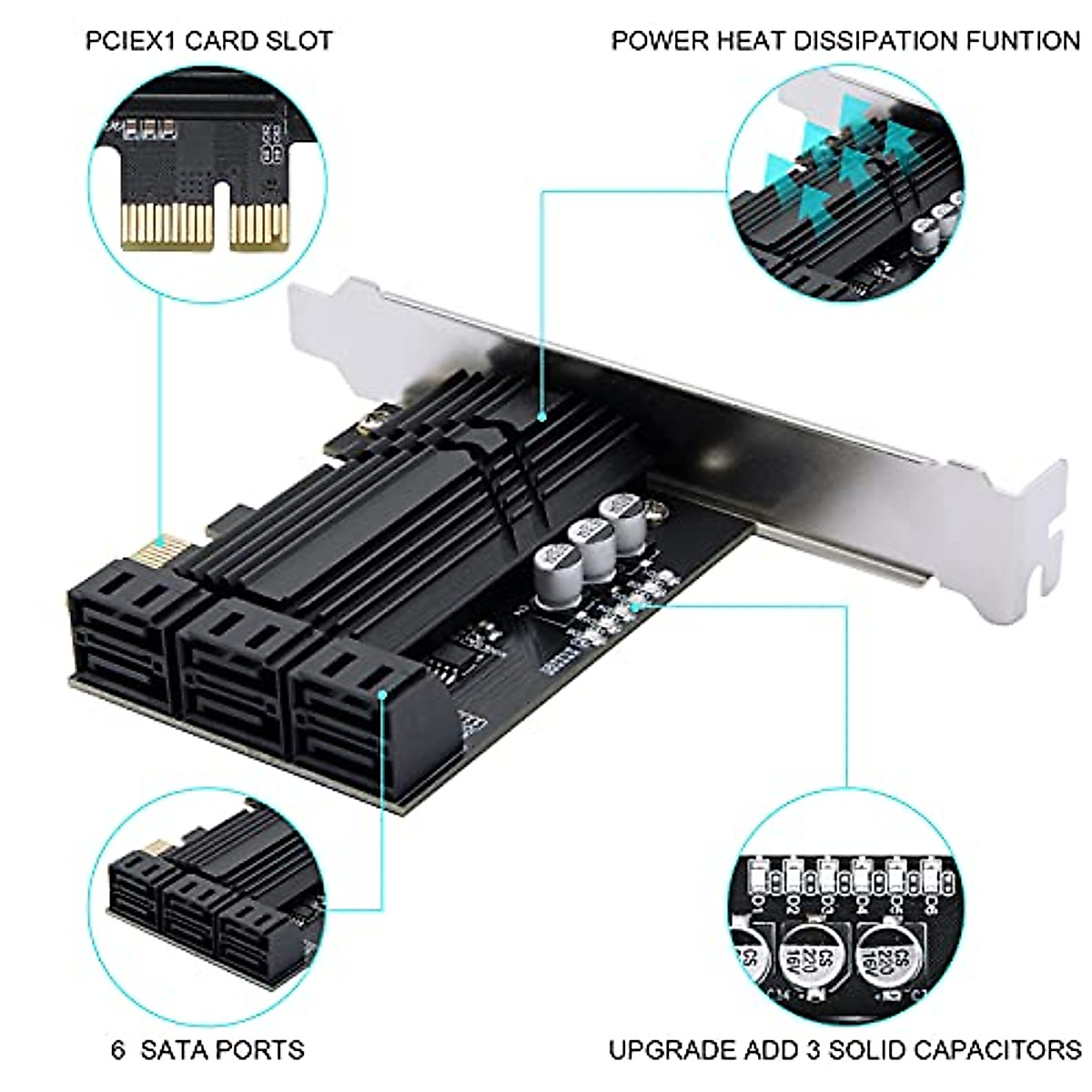 PCIe x1 SATA Card 6 Port, SATA 3.0 Controller Expansion Card with 6 SATA Cables & Low Profile Bracket,SATA III PCIE Gen3 Adapter(6Gbps) ASM1166 Chip, Plug and Play on Windows, MAC OS, Linux System