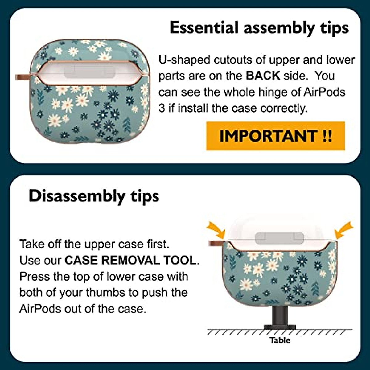 TATOFY Case Cover for AirPods 3, AirPods 3 Case for Women, Flora Protective Hard Case with Carabiner, Led Visible, Wireless Charging Compatible (Cyan)