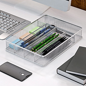 TQVAI Mesh Cutlery Tray 5 Compartments Kitchen Silverware Holder Utensil Flatware Organizer, Silver