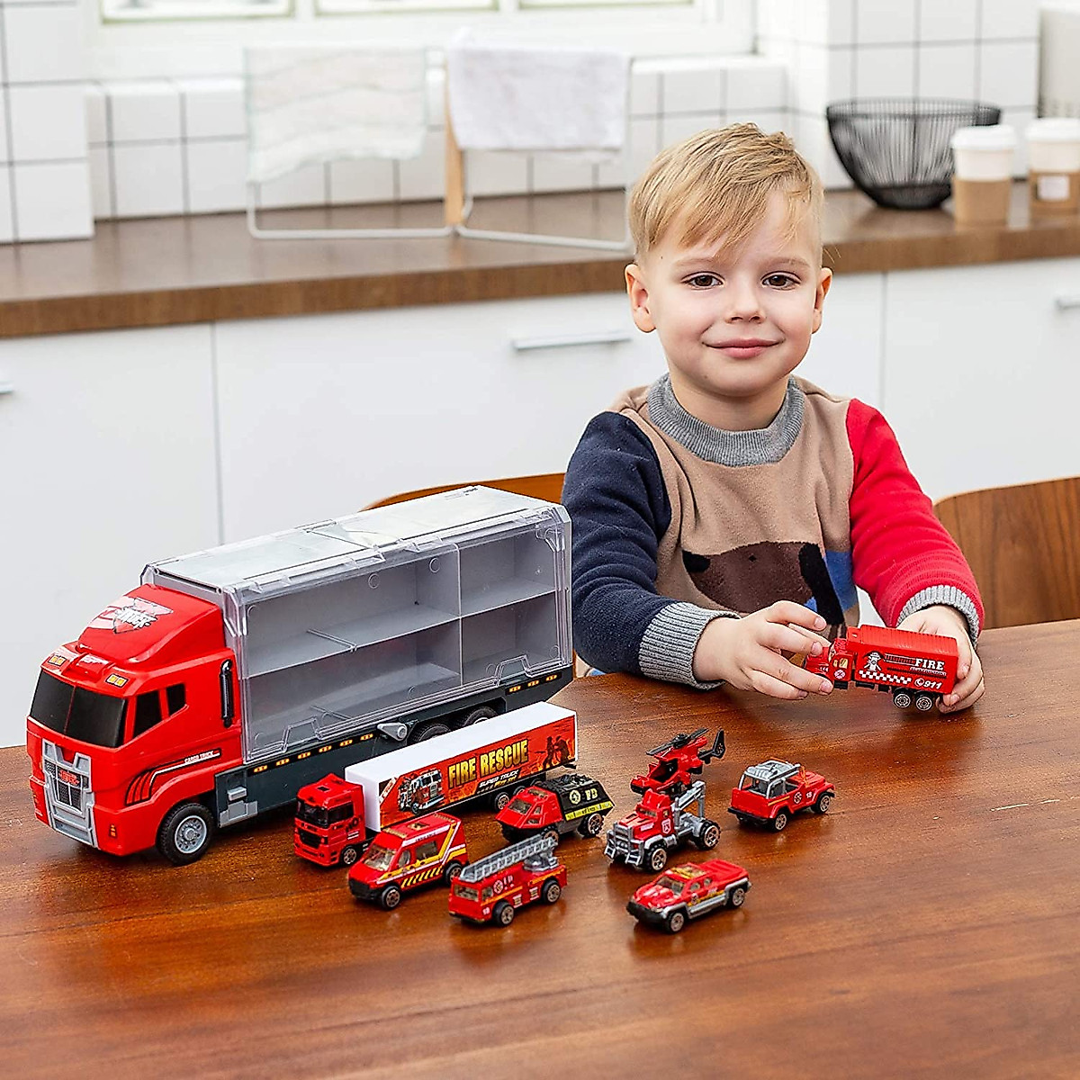Joyfia 10 in 1 Fire Truck Toys, Mini Die-cast Fire Engine Car Toy Set in Carrier Truck, Rescue Emergency Double Side Transport Vehicle for 3 Years Old Boys and Girls