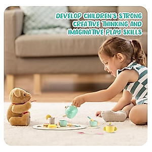 GAGAKU Wooden Tea Set for Little Girls,Wooden Toys Toddler Tea Set Play Kitchen Accessories for Kids Pretend Play Food Playset for Kids Tea Party 15Pcs