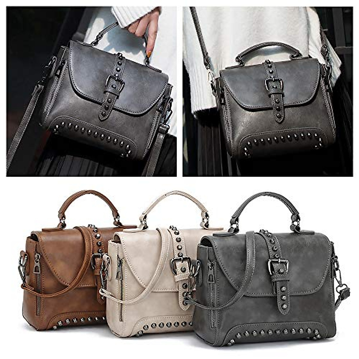Mn&Sue Women Rivet Studded Crossbody Bag Vintage Top Handle Satchel Motorcycle Style Shoulder Messenger Purse for Lady (#1 Dark Grey)
