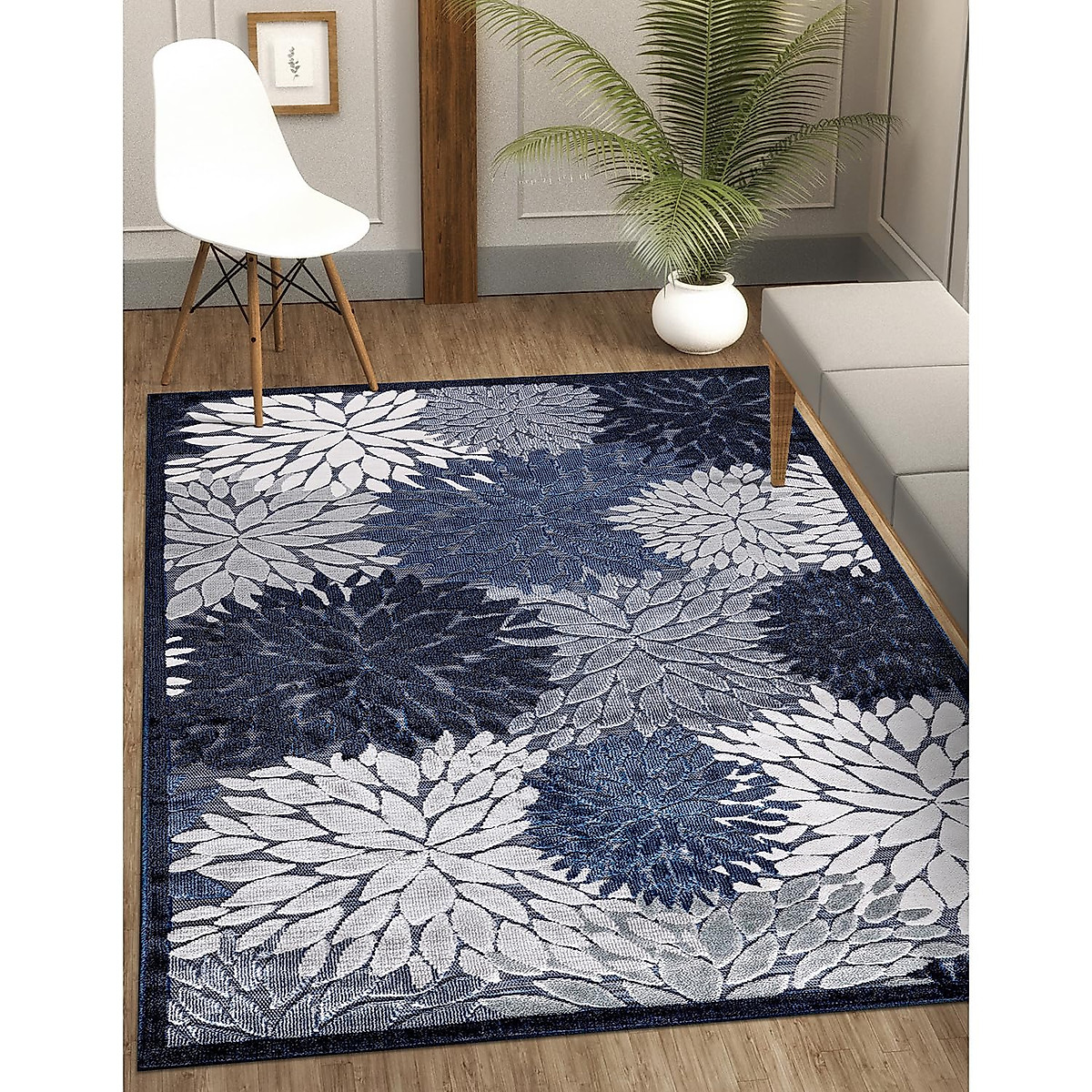 CAMILSON Indoor/Outdoor Rug, Navy Blue 5x7 Floral Exotic Tropical Area Rugs for Indoor and Outdoor patios, Easy-Cleaning Non-Shedding Living Room, Garden and Kitchen Washable Outside Carpet (5 x 7)