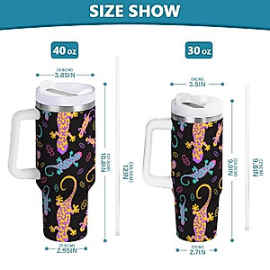 Hippie Gecko Leopard Blue Tumbler with Handle and Straw Lid, 40 oz Insulated Coffee Cup Stainless Steel Water Bottle Travel Mug Cupholder Friendly,Gifts for Women Men