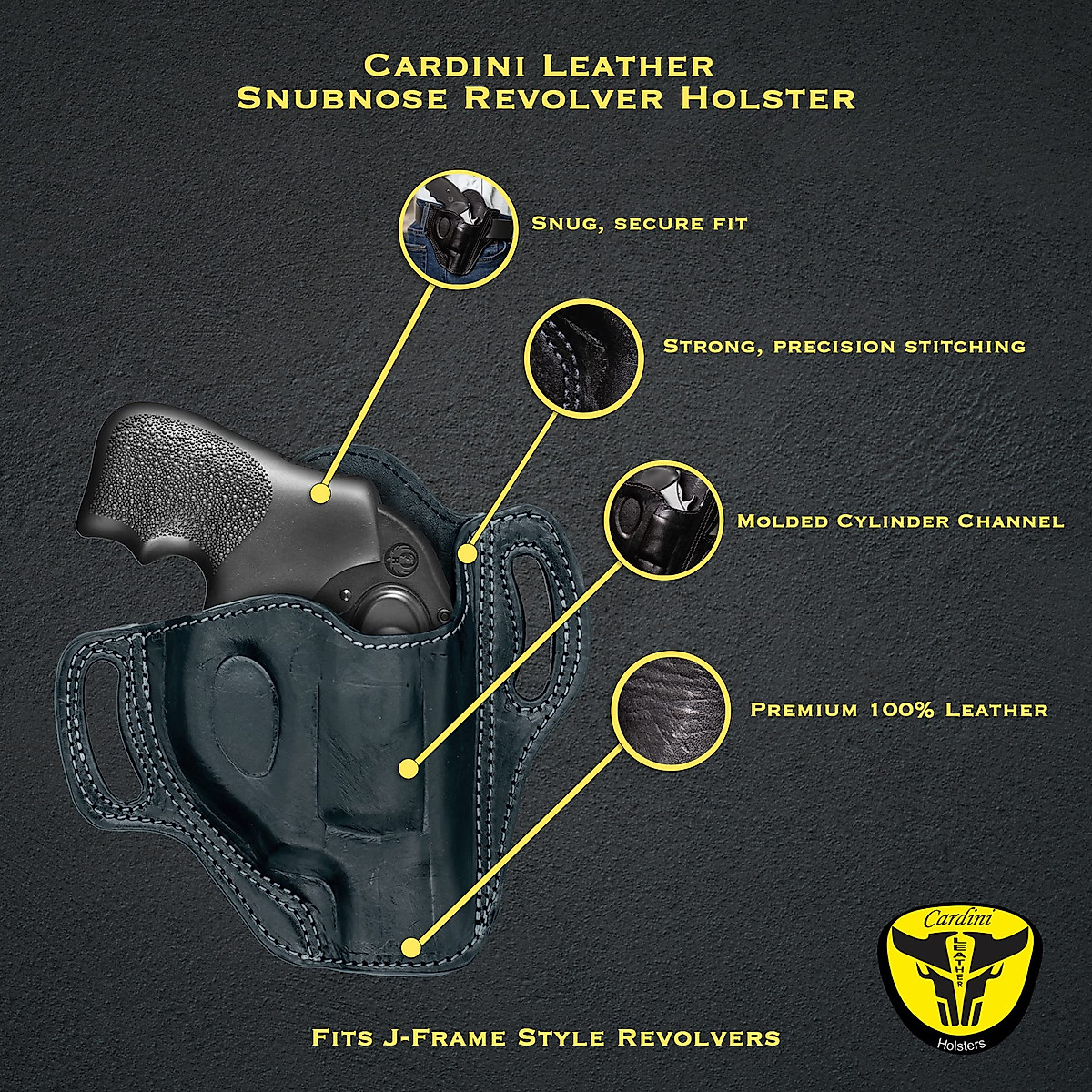 Cardini Leather OWB Leather Holster for S&W J Frame, for Ruger LCR and SP101, and Other 38 Special Snub Nose Revolver up to 2.25" Barrel- Midnight Black Right Hand