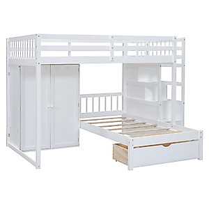 Harper & Bright Designs Full Over Twin Bunk Bed with Stairs & Wardrobe, Wood Bunk Bed with Storage Drawers, Kids Bunk Bed Full Over Twin Size for Bedroom,No Box Spring Needed(White)