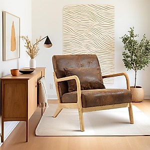Dolonm Modern Accent Chair with Wood Frame, Crazy Horse PU Leather Chair with Waist Cushion, Armchair for Living Room, Bedroom, Game Room, Home Office or Lounge, Brown PU