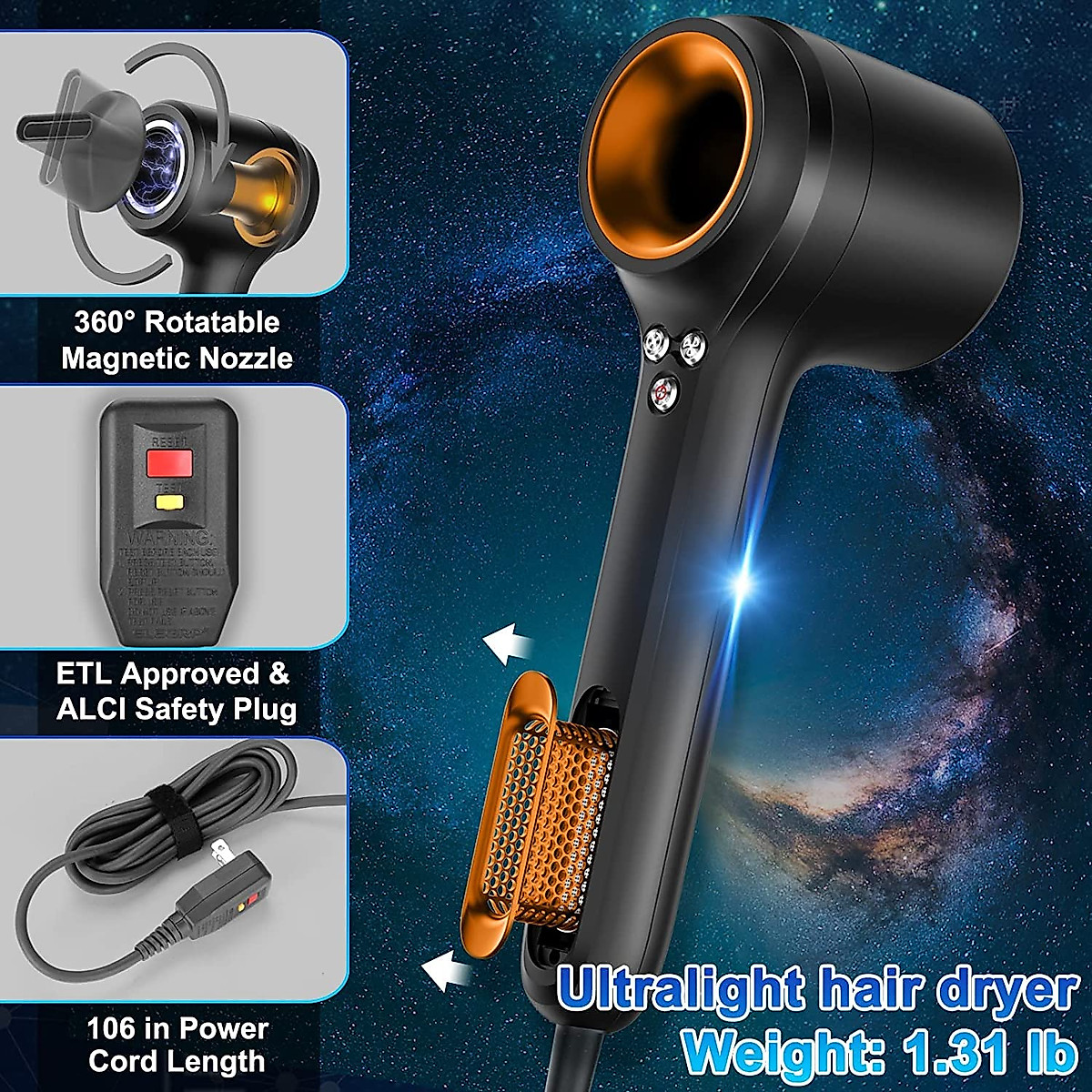 Ionic Hair Dryer, High Speed Blow Dryer, 110, 000 RPM Brushless Motor for Fast Drying, Low Noise, Memory Function, Reduce Frizz, Professional Hairdryer with Magnetic Nozzles, Diffuser for Home, Salon