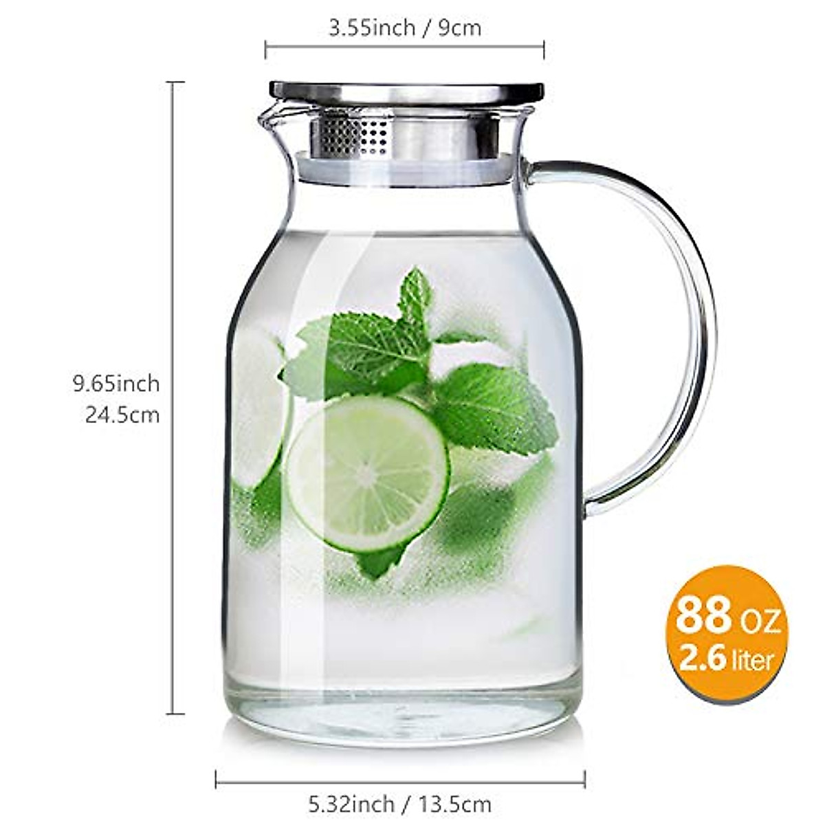 88OZ Glass Pitcher with Lid and Spout - High Heat Resistance Pitcher for Hot/Cold Water & Iced Tea (2.6L)