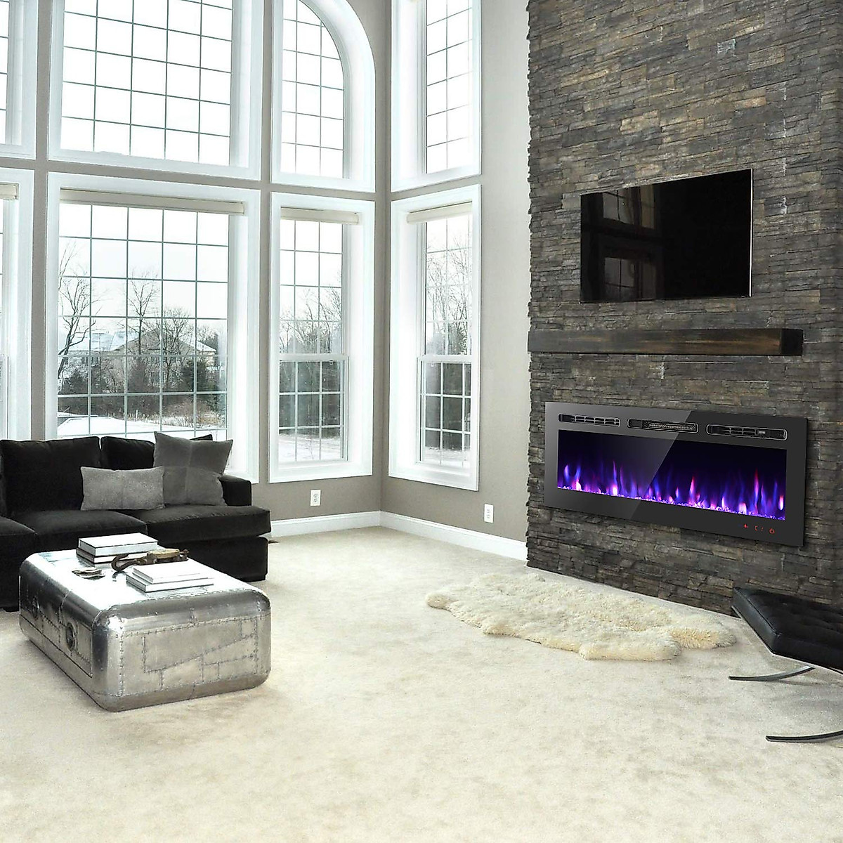 GMHome 80 Inches Wall Recessed Electric Fireplace Wall Mounted in-Wall Built Heater, Log Sets & Crystals, 9 Changeable Colors, with Remote, 1500W Fireplace, Black