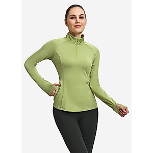 Hiverlay Women's Thermal Fleece Half Zip Thumbholes Long Sleeve Running Pullover Equestrian Shirt for Cold Weather Green XL