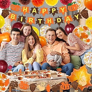 Fall Pumpkin Birthday Party Decorations, 97 Pcs Thanksgiving Autumn Themed Birthday Party Supplies Including Happy Birthday Pumpkin Banner, Cake Toppers, Maple Leaves, Balloons, Paper Pompoms
