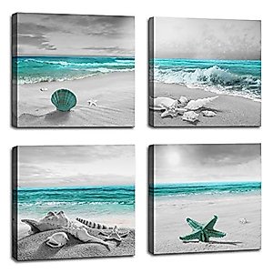 JUFENGART 4 panels green ocean beach wall decoration for bathroom beach canvas prints natural pictures home artwork bedroom living room wall art ready to hang size: 12x12inch/set
