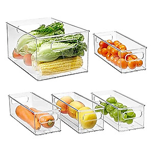 elabo Refrigerator Organizer Bins, Stackable Food Storage Bins for Kitchen, Cabinet, Freezer, Fridge, Pantry Organization, 5 Pack, Include 1 Wide and 4 Narrow Bins, Clear Plastic BPA Free